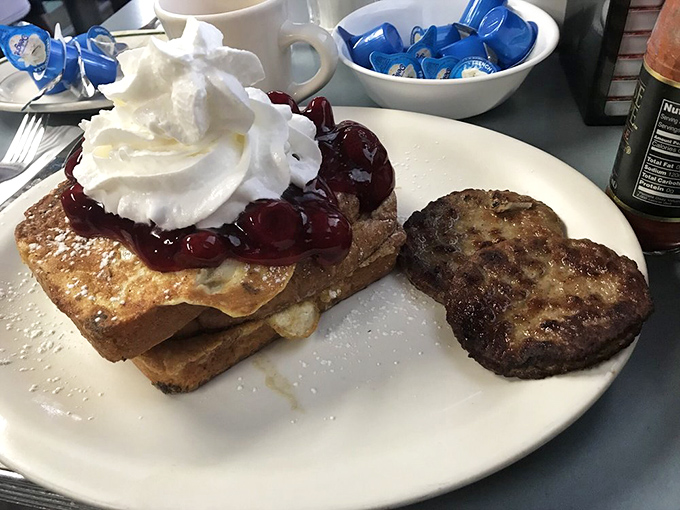 French toast that's dressed for success with cherry topping and whipped cream. The scrapple on the side keeps it authentically Pennsylvania.