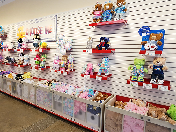 Build-A-Bear's "Choose Me" wall &ndash; where stuffed animals give you that look that says, "I'm coming home with you today."