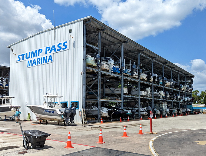Stump Pass Marina stacks boats like a nautical game of Jenga. Your vessel awaits&mdash;if you can find it!
