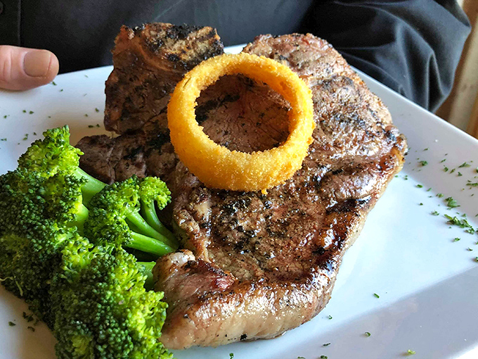 The T-bone arrives like a work of art&mdash;a masterpiece of marbling with that crispy onion ring crown that says, "Yes, you deserve this magnificence."