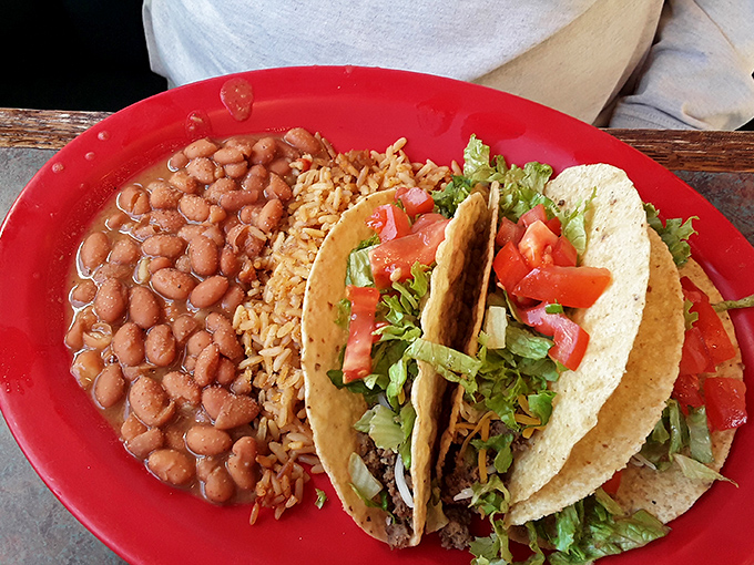 The taco plate brings a taste of "South of the Border" to the Four Corners, with beans and rice that would make your abuela nod in approval.