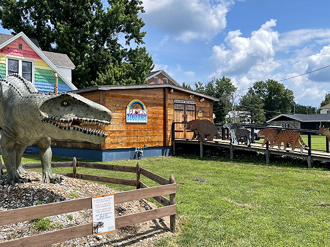 Jurassic Nauvoo? This quirky dinosaur attraction proves that even in a historic town, there's room for prehistoric whimsy. The T-Rex seems suspiciously interested in that wooden cabin.