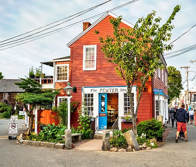 The Pewter Shop's weathered red exterior has more character than most people's entire personality.