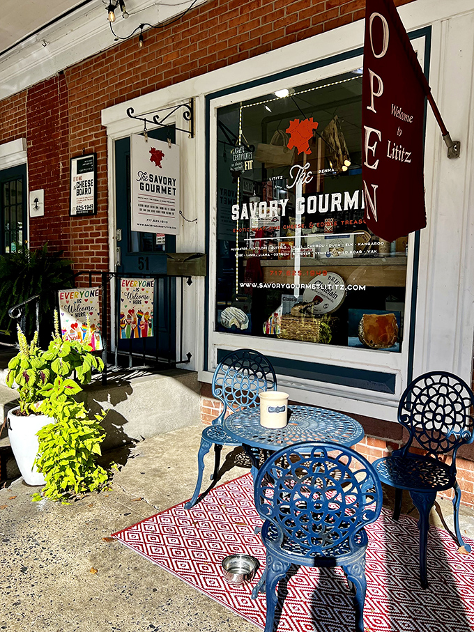 The Savory Gourmet beckons with sidewalk seating that practically begs you to sit and watch small-town life unfold.