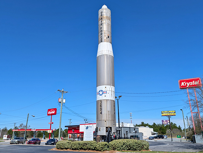 Not every small town boasts its own missile monument! This Titan I stands as an unexpected landmark, reaching skyward like a metallic exclamation point.