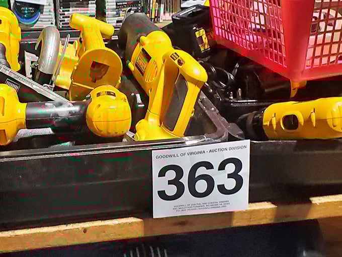 Tool paradise for DIY dreamers. That yellow DeWalt army stands ready for adoption, each with stories of half-finished projects and weekend warrior ambitions.