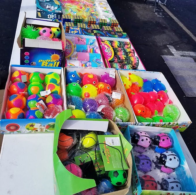A kaleidoscope of bouncy balls, puffer toys, and novelties awaits young shoppers. Remember when happiness cost less than your morning latte?