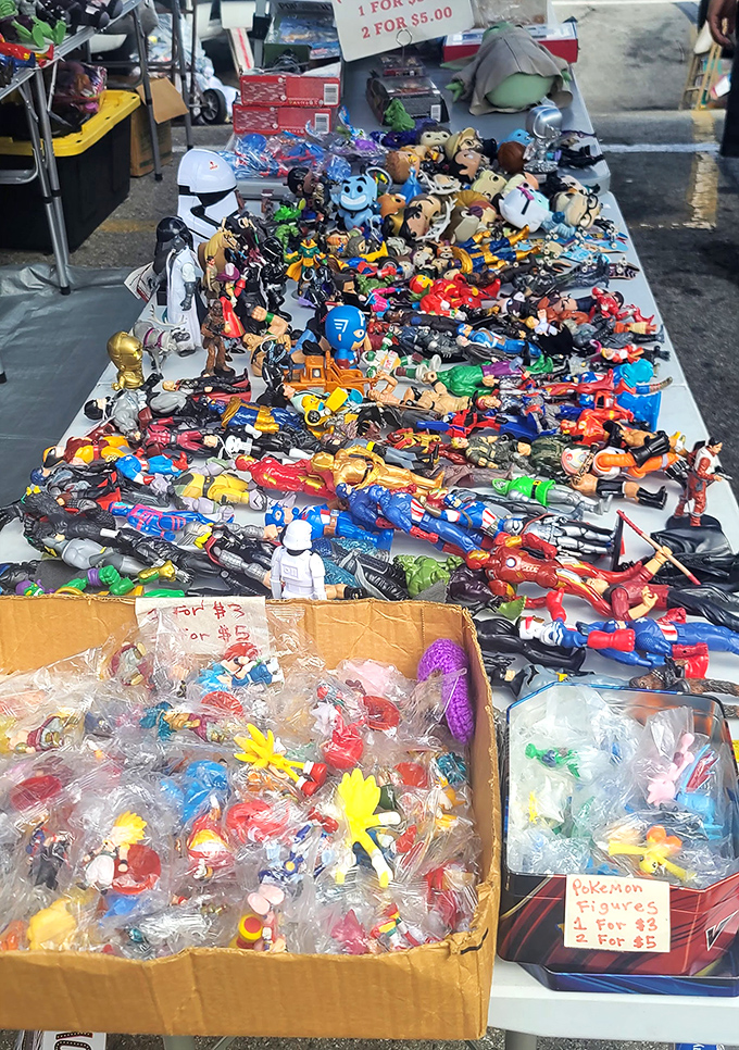 Action figure heaven! From Star Wars stormtroopers to superheroes, this table holds the childhood memories of three generations in plastic form.