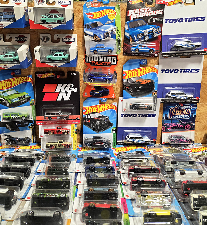 Hot Wheels heaven. Every car enthusiast's childhood displayed in miniature, where nostalgia comes packaged in die-cast metal and tiny rubber tires.