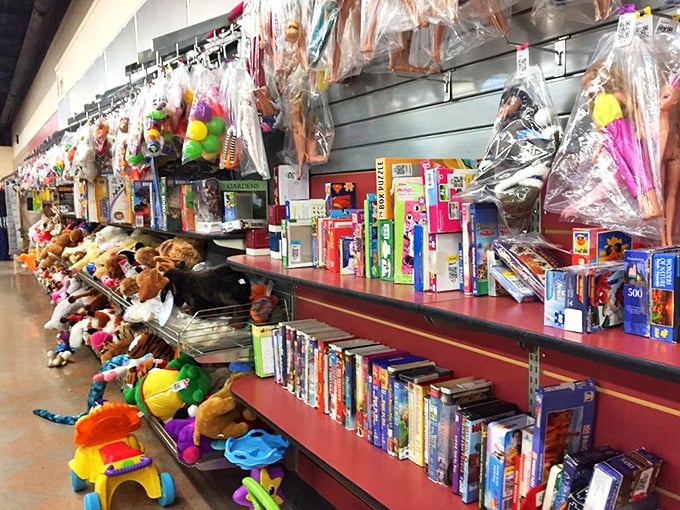The toy section: where childhood memories are recycled and plastic fantasies cost less than a fancy coffee. Teddy bears await new hugs.