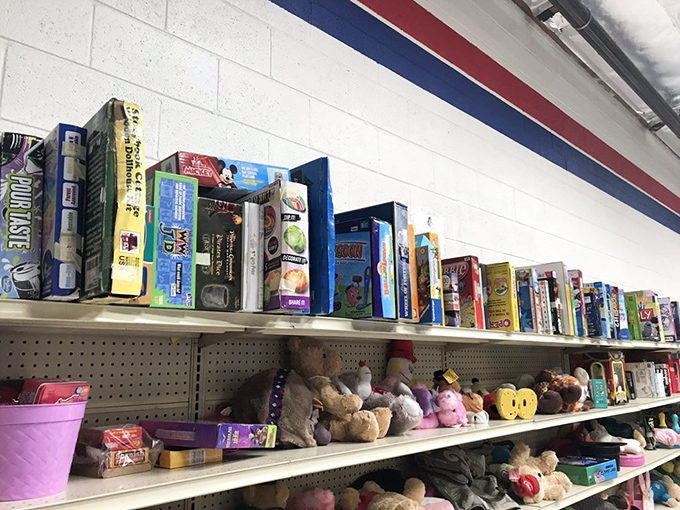 Board games and stuffed animals galore&mdash;childhood nostalgia by the shelf. That Monopoly set might be missing the thimble, but the memories are fully intact.