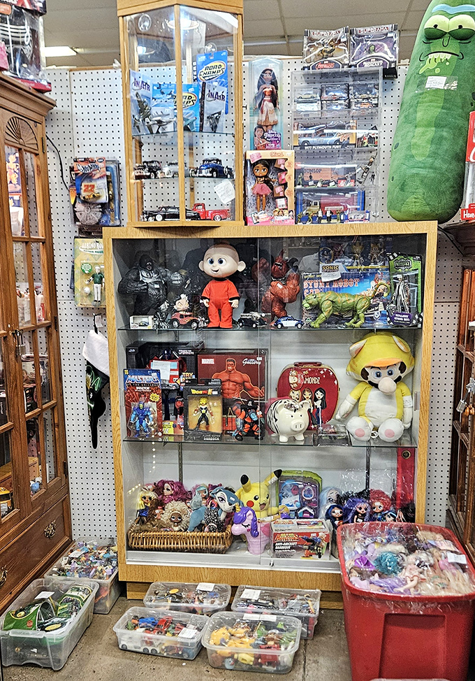 Childhood nostalgia locked behind glass &ndash; from collectible action figures to plush companions waiting for their forever homes.