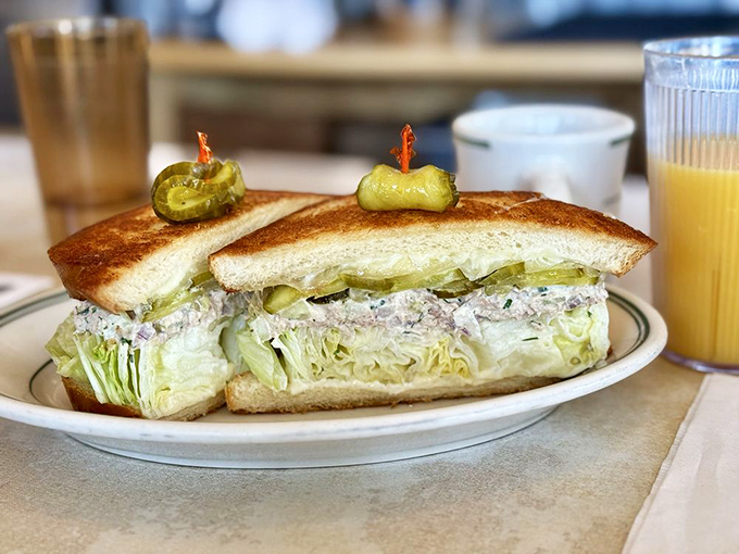 The tuna melt that launched a thousand road trips. Those pickle spears standing at attention like they know they're part of something important.