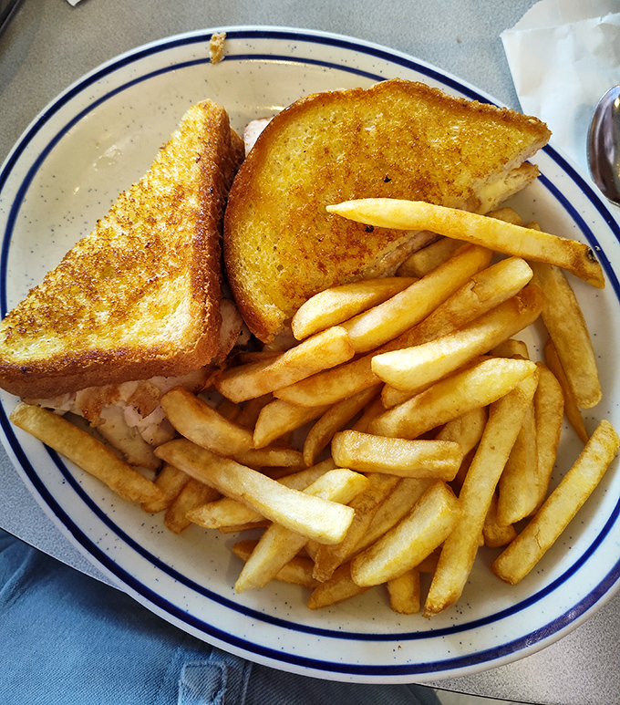 The grilled cheese grew up, got a job, and became this magnificent golden-crusted sandwich. Those fries look like they're auditioning for a potato commercial.