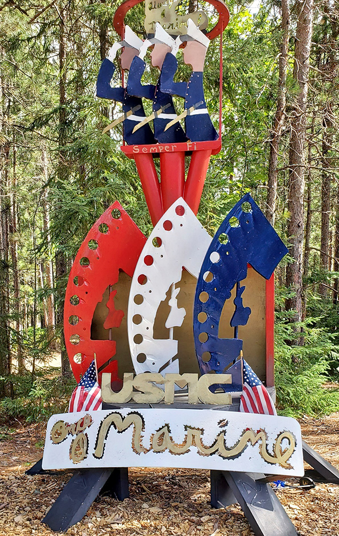 This patriotic tribute combines American pride with artistic ingenuity. The Marines would approve of this mission: transforming scrap into salutes.
