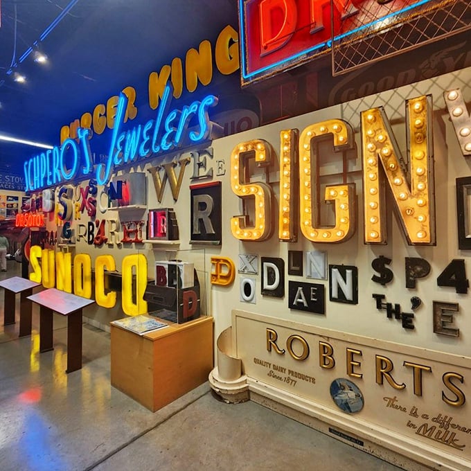 The "SIGN" wall is like alphabet soup for design nerds, featuring everything from bulb-lit letters to classic Sonoco yellow.