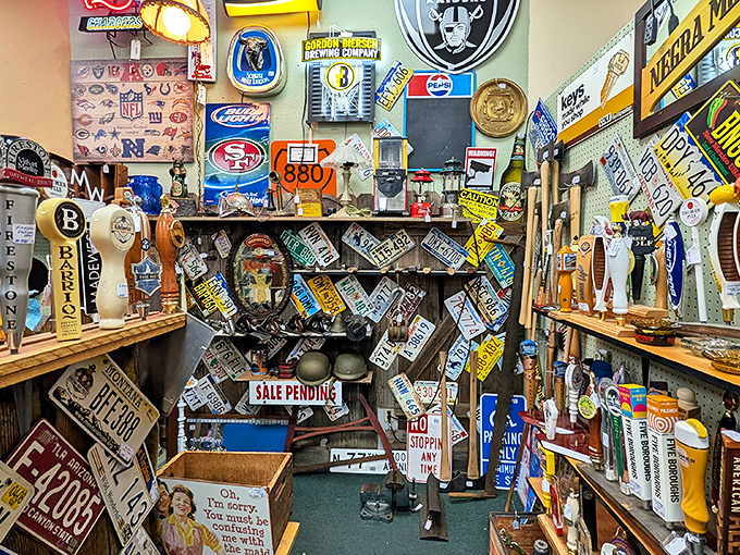 A shrine to American advertising where neon beer signs and vintage road markers create a symphony of nostalgic Americana.