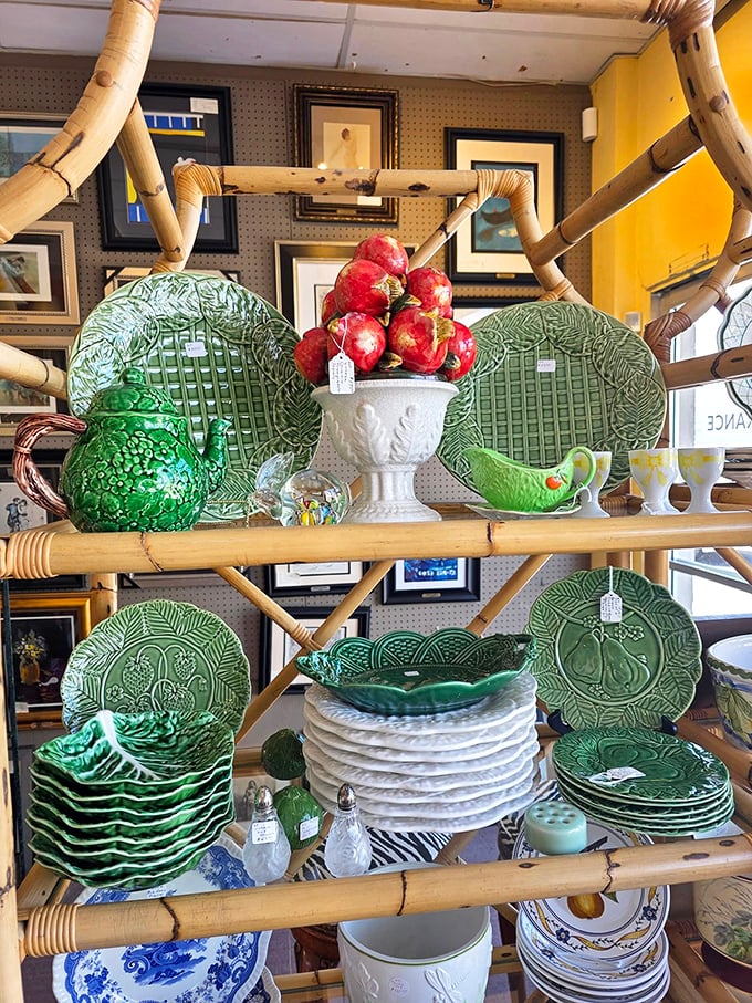 Bamboo meets botanical beauty&mdash;these leaf-patterned plates and teapots would make any garden club president swoon with envy.
