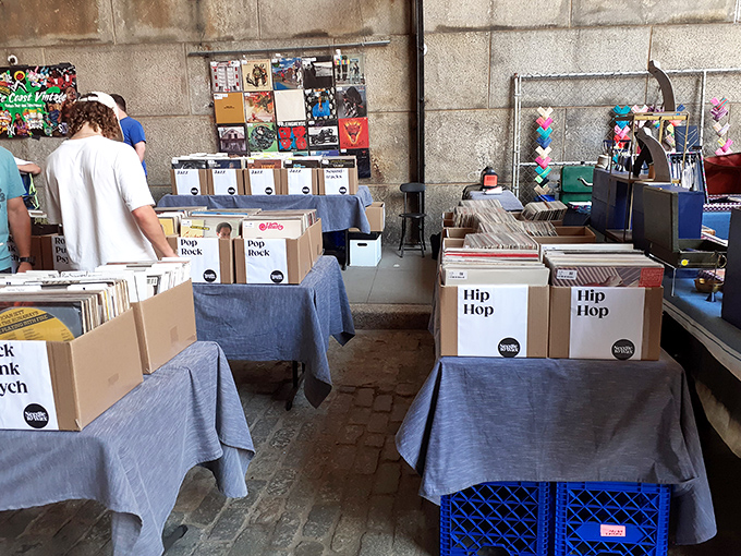 Vinyl enthusiasts flip through meticulously organized crates, hunting for that rare pressing. The Hip Hop section looks particularly promising today.