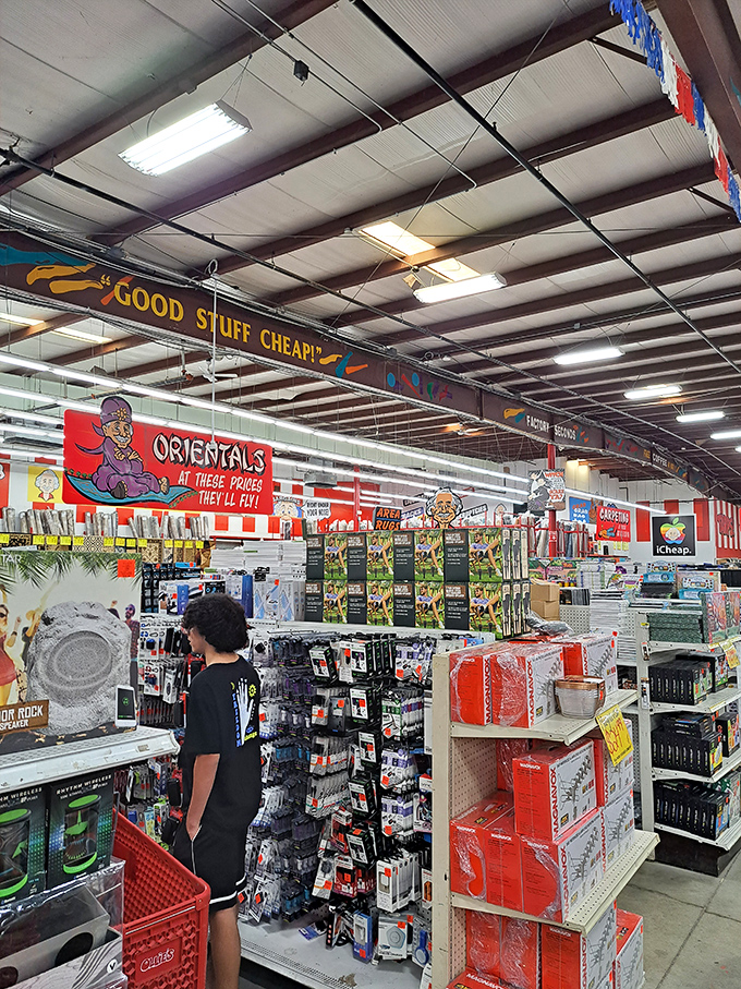 Aisle after aisle of "Good Stuff Cheap!" The overhead banners aren't subtle, but neither are the savings in this retail wonderland.