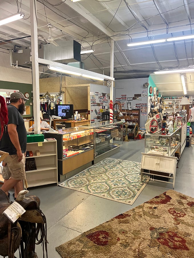 One shopper contemplates life choices while surrounded by enough vintage goods to outfit three period films.
