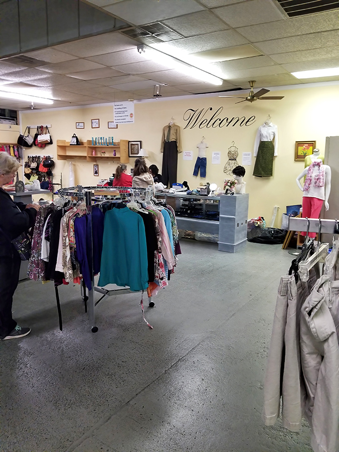 The clothing section welcomes shoppers with neatly organized racks and mannequins showcasing some of the store's best fashion finds.