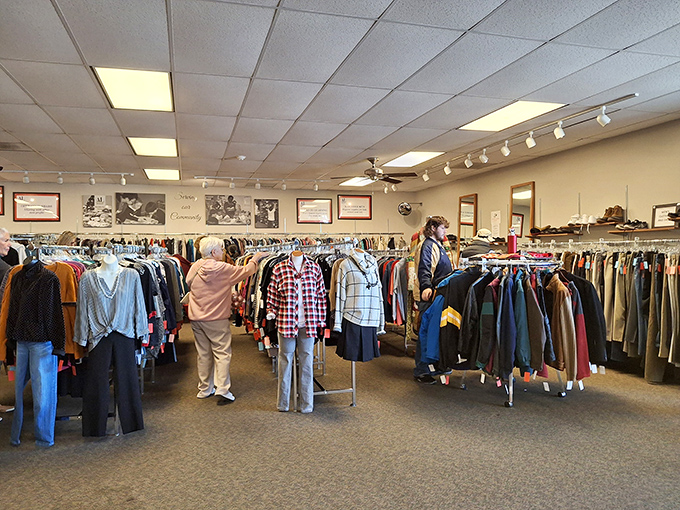 The clothing section: where shoppers hunt with the focus of archaeologists discovering fashion fossils from seasons past. Every rack holds potential wardrobe revelations. 