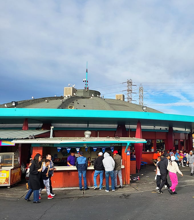 The outdoor food stands draw crowds like moths to flame. After all, serious shopping requires serious sustenance.