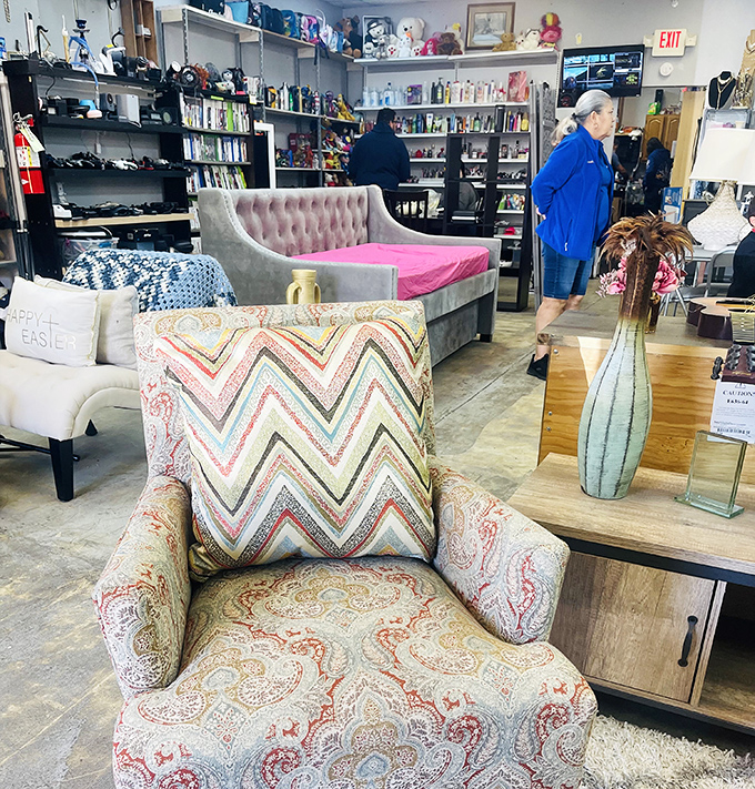 Furniture showroom meets memory lane. That pink velvet daybed could be the statement piece your living room never knew it needed.