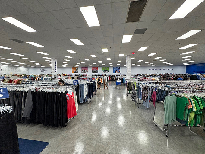 The clothing section: where fashion trends from every decade coexist peacefully, organized with a precision that would make Marie Kondo weep with joy.