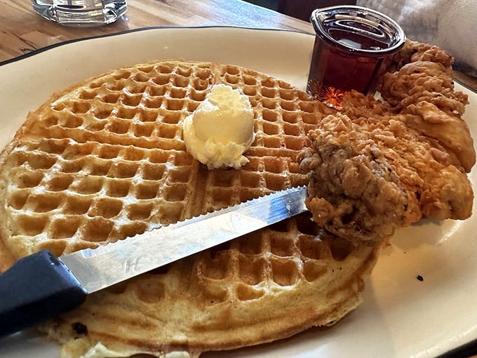 That golden waffle with fried chicken isn't just breakfast &ndash; it's a spiritual experience that makes you question why anyone would ever choose cereal.