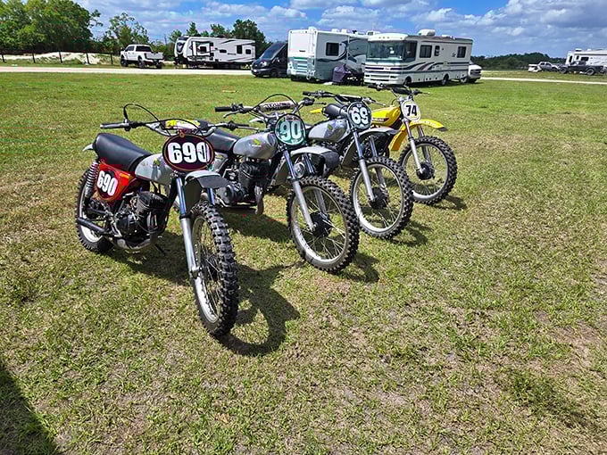 Vintage motorcycles line up like mechanical stallions at Waldo's RV & Motorsports Park, each telling stories of dusty trails and open roads.