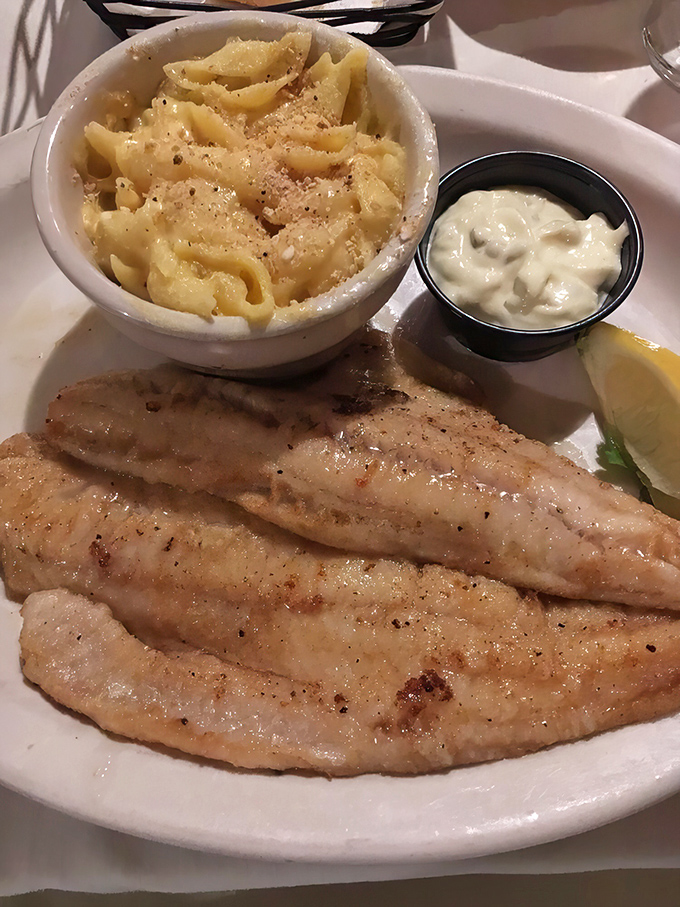 Fresh walleye paired with creamy mac and cheese delivers that classic Midwest supper club experience done absolutely right every time.