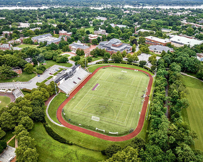Washington College's athletic field offers a bird's-eye view of academia meeting athletics, all wrapped in Eastern Shore greenery.
