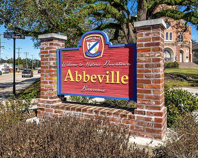Brick, mortar, and Southern hospitality&mdash;Abbeville's welcome sign promises the historic downtown experience that modern developers try desperately to replicate.