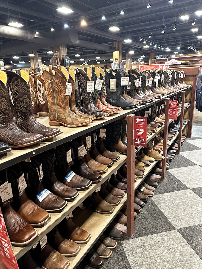 The cowboy boot lineup at Boot Barn&mdash;where even city slickers find themselves inexplicably drawn to hand-tooled leather and suddenly contemplating horseback commuting.
