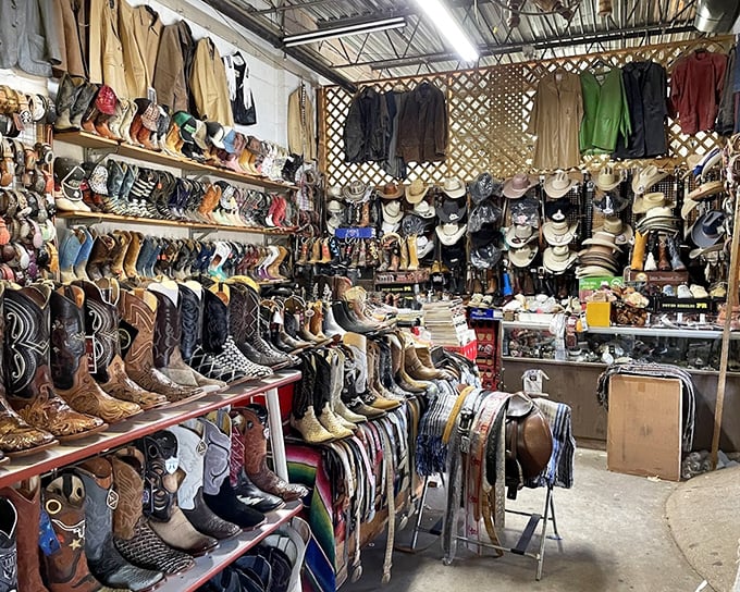 Boot boulevard stretches as far as the eye can see. More leather than a motorcycle convention, with enough styles to outfit every cowboy from Guthrie to Tulsa. 