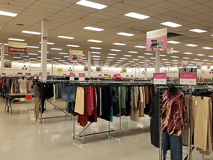 The women's clothing section stretches further than my willpower at an all-you-can-eat buffet. Pink signs guide you through this fashion wonderland.
