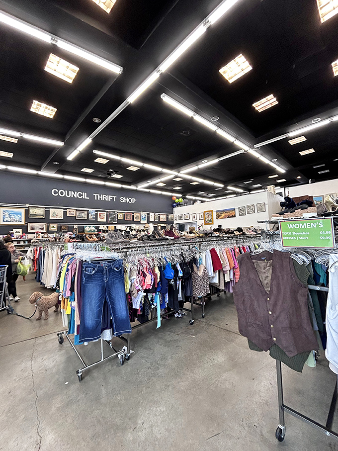 The clothing section stretches toward the horizon like a textile savanna. Note the organized chaos&mdash;the natural habitat of the serious thrifter.