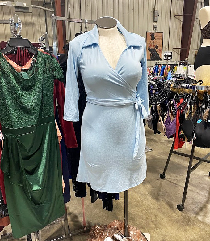 Elegant meets affordable with these dress displays. That powder blue wrap dress wouldn't look out of place at a garden party or Sunday brunch.