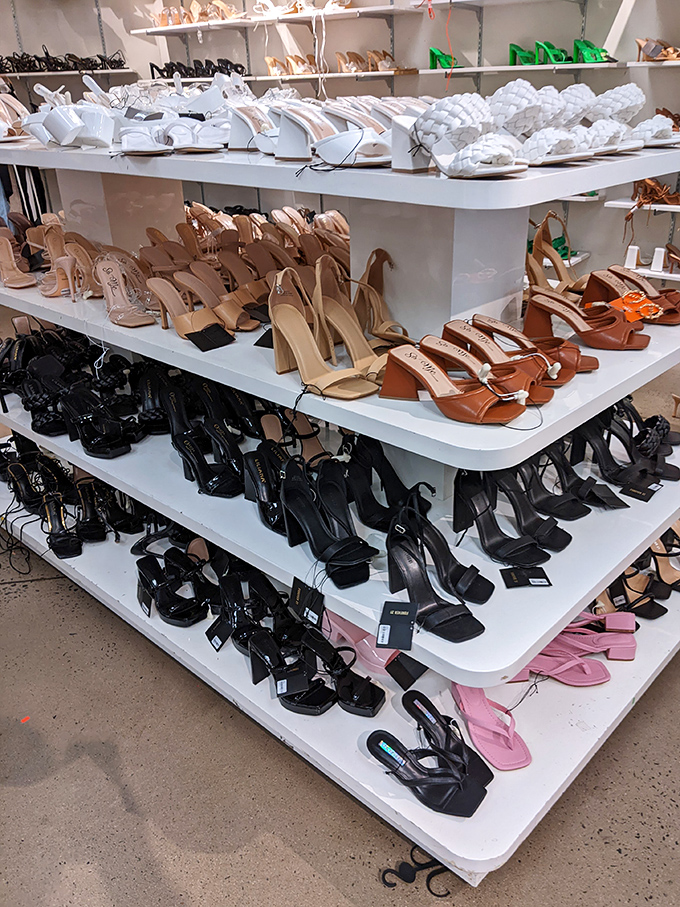 Shoe lovers, prepare to swoon. This multi-tiered display of footwear offers everything from practical to "how-do-I-walk-in-these" glamorous.