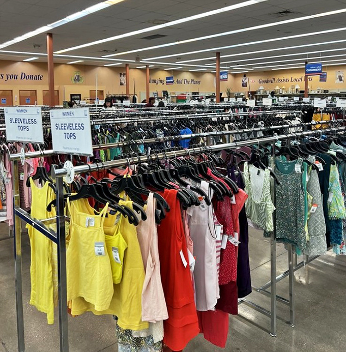 The sleeveless tops section: summer in Vegas demands bare arms, and Goodwill delivers options without emptying your wallet.