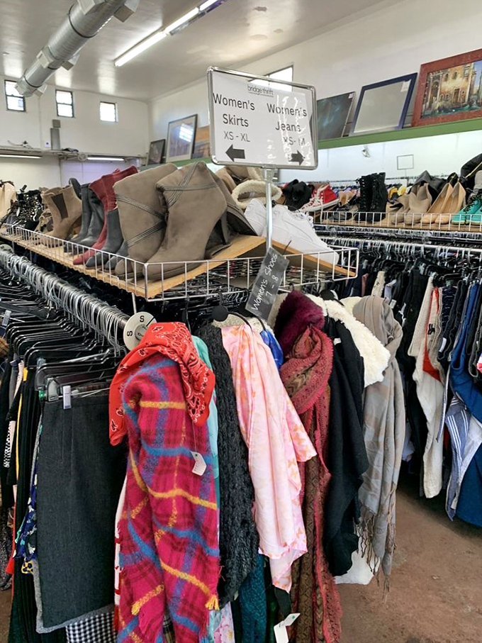 The women's clothing section offers fashion time travel. Those boots might have danced at Studio 54 before waiting here for their next night out.