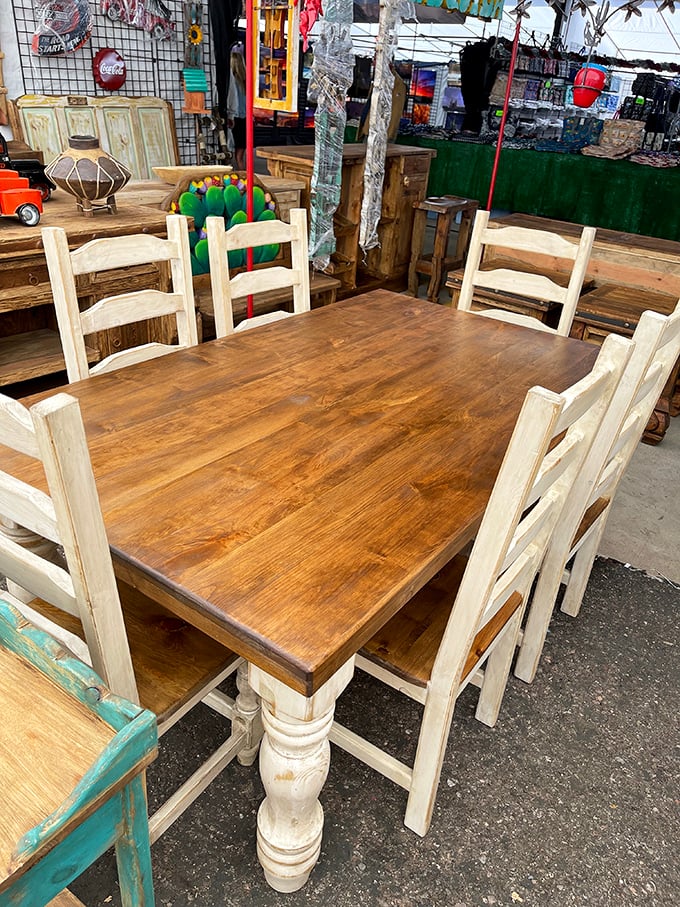 Rustic charm meets practical dining. This handcrafted wooden table set could transform taco Tuesday from casual meal to Instagram-worthy gathering in one fell swoop.