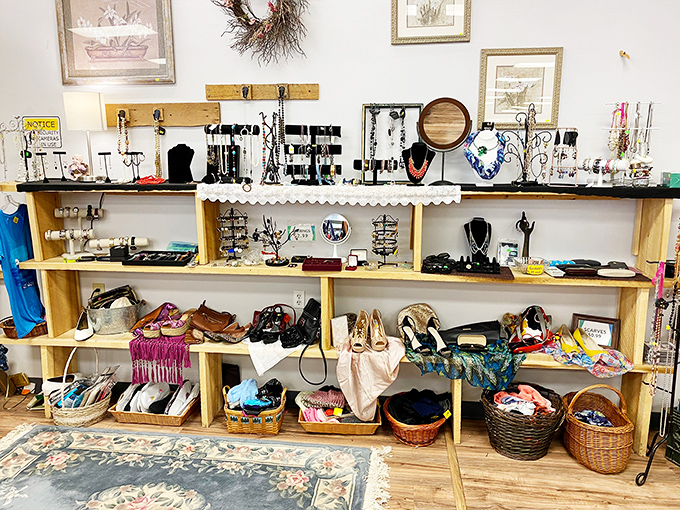 The accessories section is meticulously arranged like a boutique, proving secondhand shopping doesn't mean sacrificing style or organization.