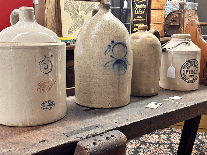 These stoneware jugs have seen more history than your high school textbook. Each one whispers stories of root cellars and homemade remedies.