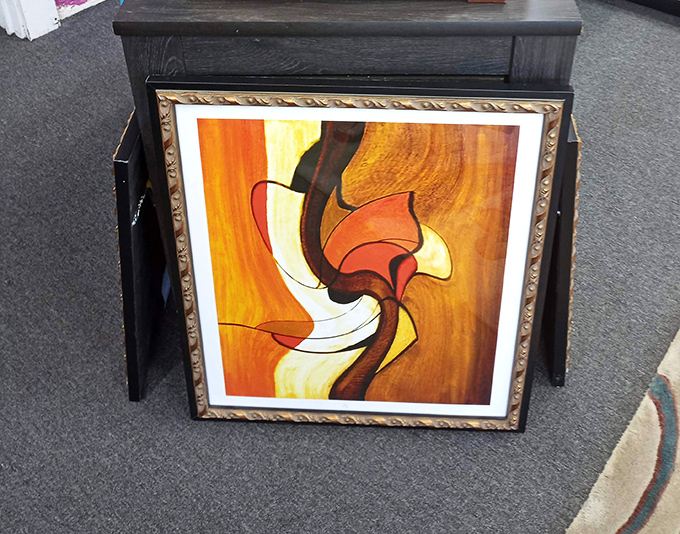 Abstract art finds a home among the eclectic offerings, proving that gallery-worthy pieces can hide in the most unexpected places.