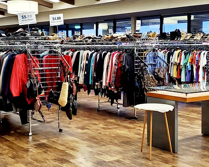 The clothing department rivals any department store in variety, minus the sticker shock. Every hanger holds a potential fashion revelation.