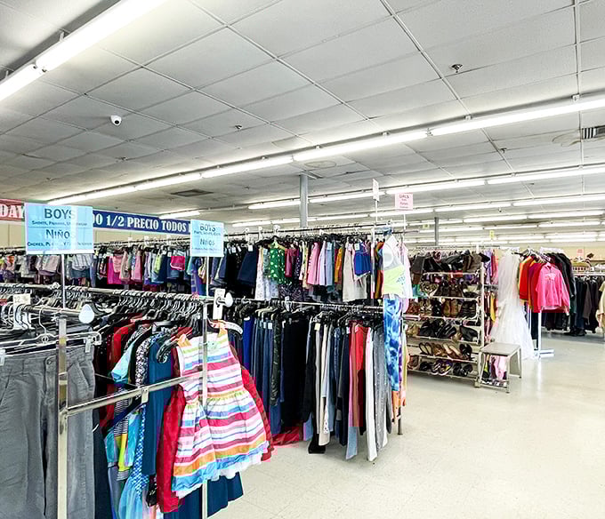 Color-coded clothing creates a rainbow road of possibilities—follow it to find that perfect piece you never knew you needed.