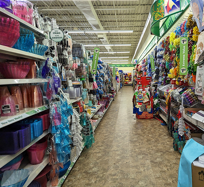 A kaleidoscope of party supplies and household essentials creates a treasure hunt atmosphere that turns shopping into an adventure.